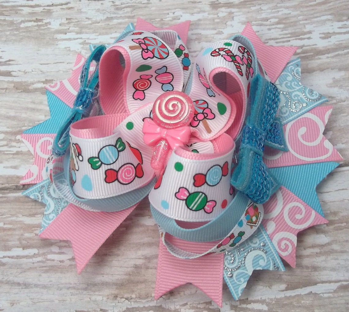 Christmas Candy Hair Bow - Pink and Blue Christmas Hair Bow - Winter ...