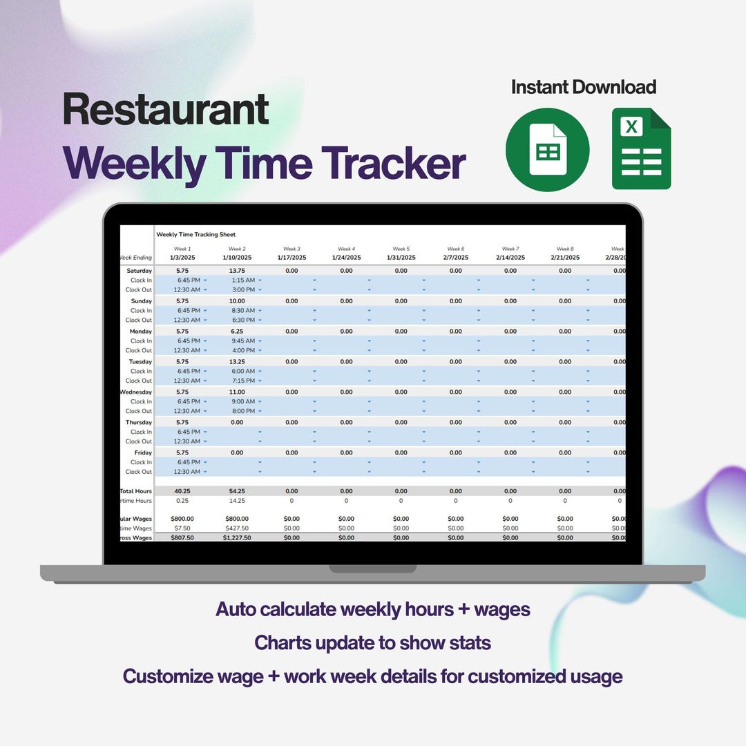 Employee Hours Tracker Excel | Restaurant Work Hours Timesheet - Etsy