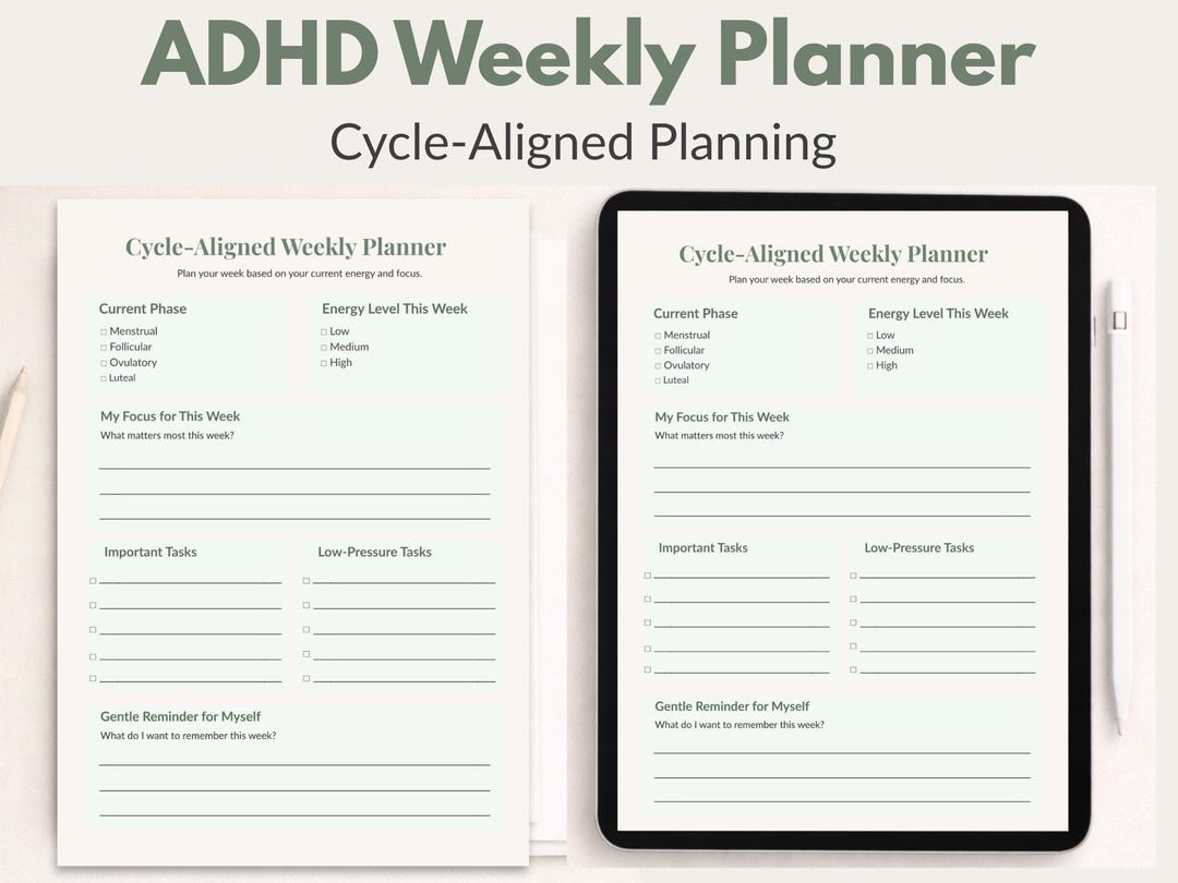 ADHD Weekly Planner Printable PDF | Cycle-aligned Weekly Planning Page ...