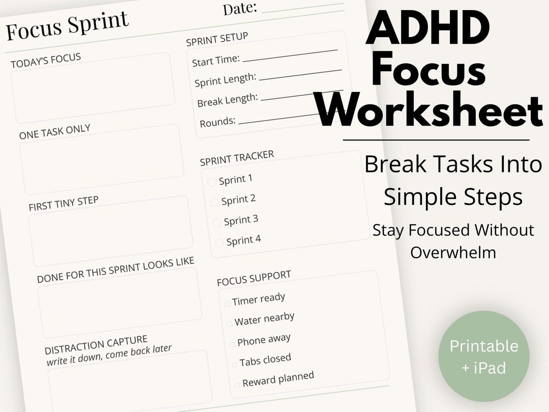 ADHD Focus Worksheet | Break Tasks Into Simple Steps | Printable ...