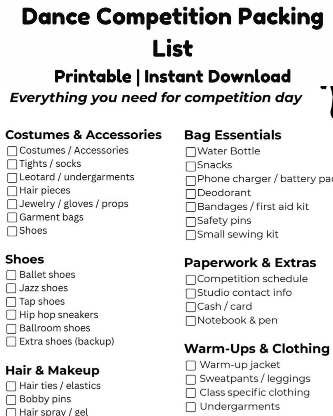 Dance Competition Packing List | Printable Checklist (digital Download ...