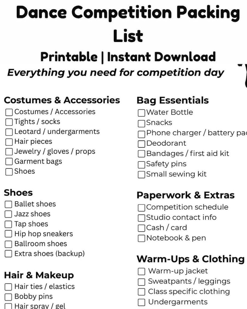 Dance Competition Packing List | Printable Checklist (digital Download ...