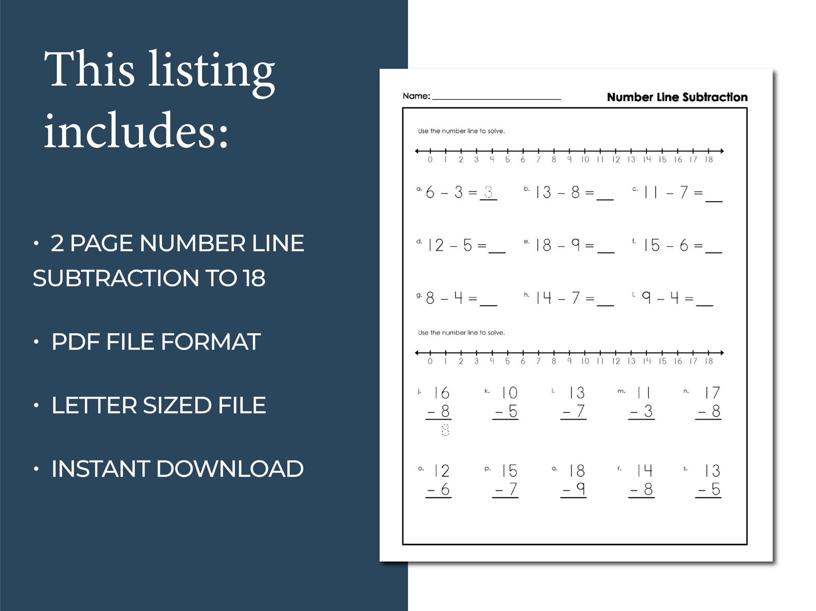 Number Line Subtraction Worksheet | Math Activity (PDF Download) - Etsy