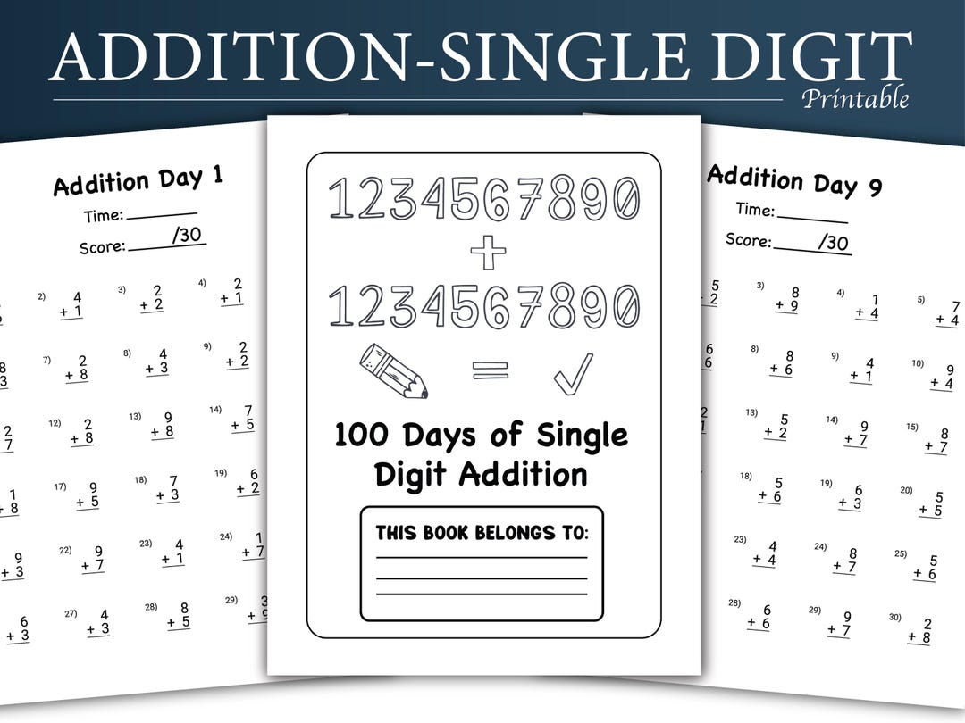 100 Days Single Digit Addition Workbook | Math Practice Problems (PDF ...