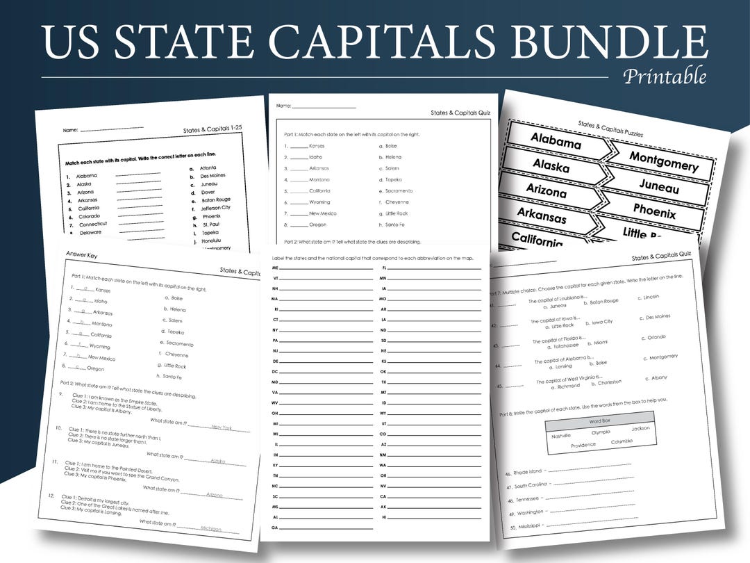 US States and Capitals Worksheets Bundle | 19 Page Printable | Matching ...