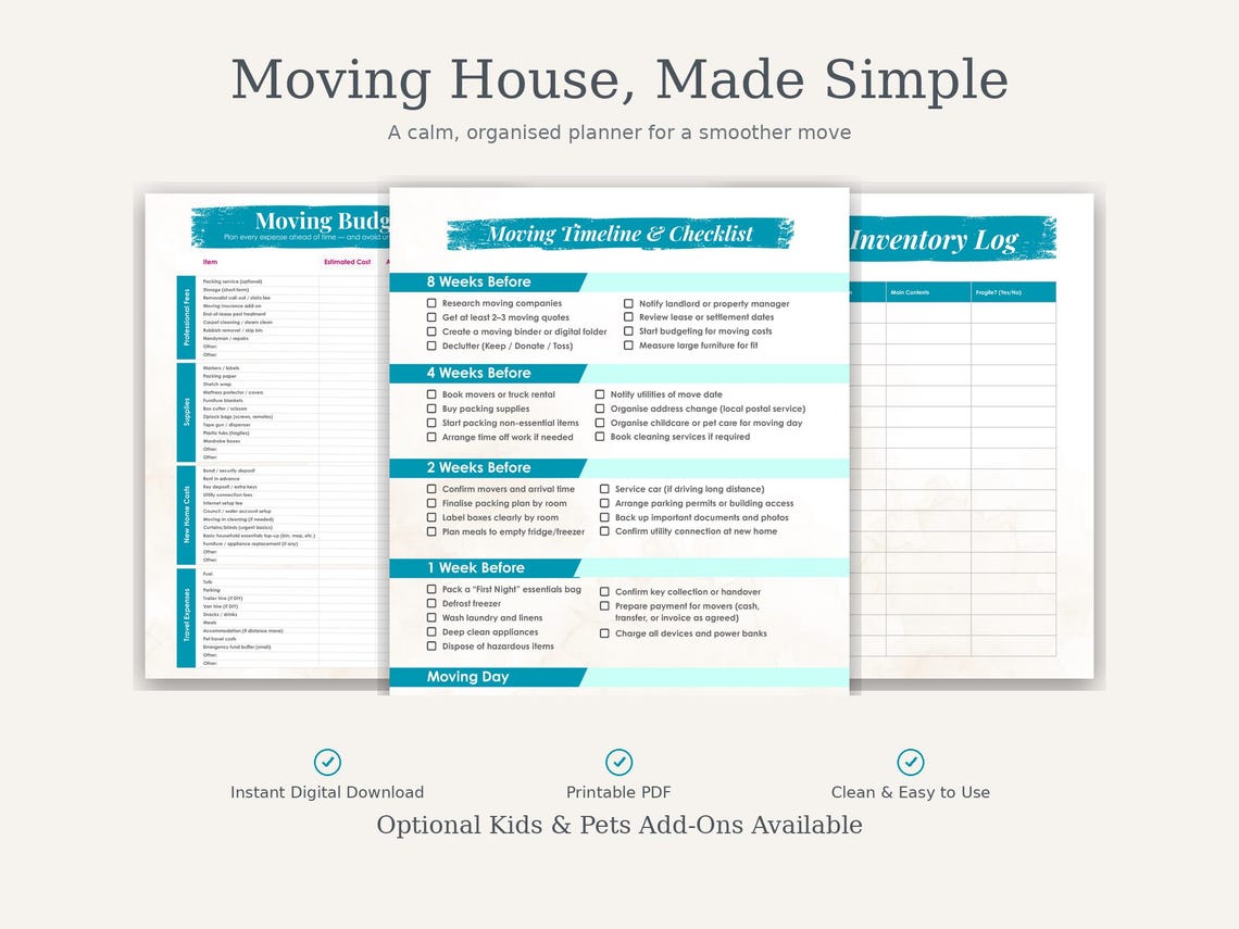 Moving House Planner Printable | Relocation Checklist, Budget & Box ...