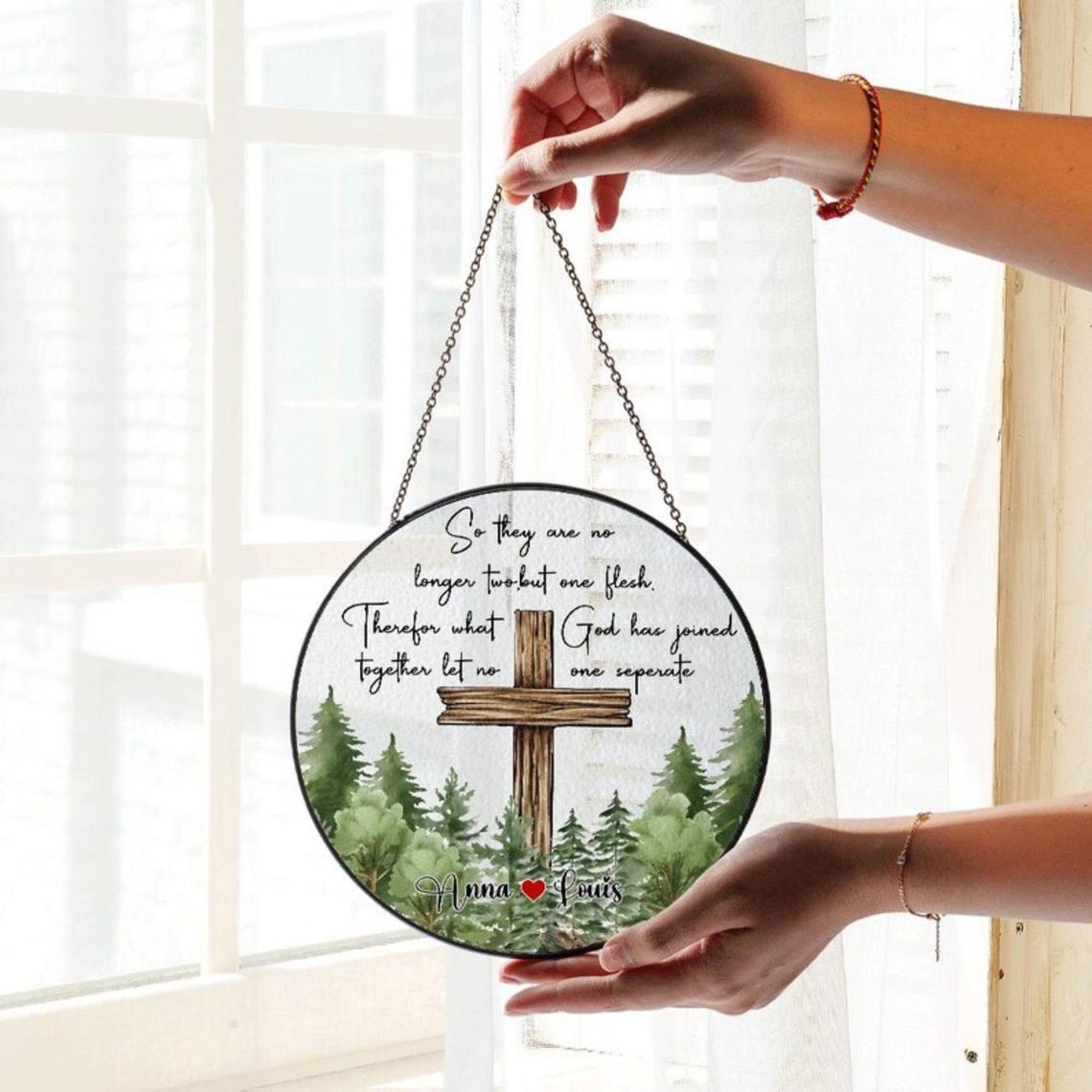 Personalized Christian Wedding Suncatcher, Bible Verse Cross Stain ...