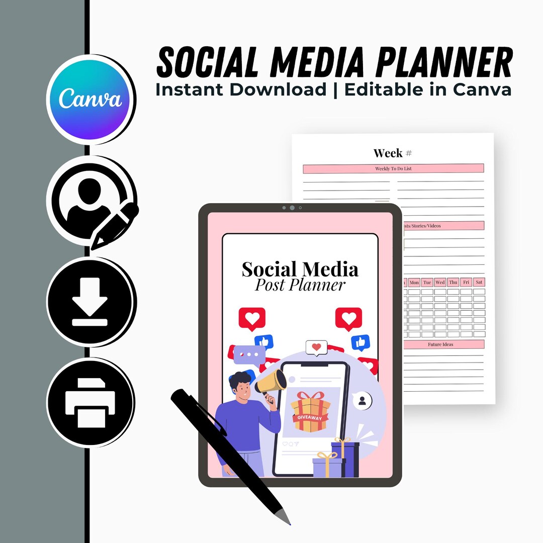 Social Media Post Planner | Printable Content Calendar, Digital ...