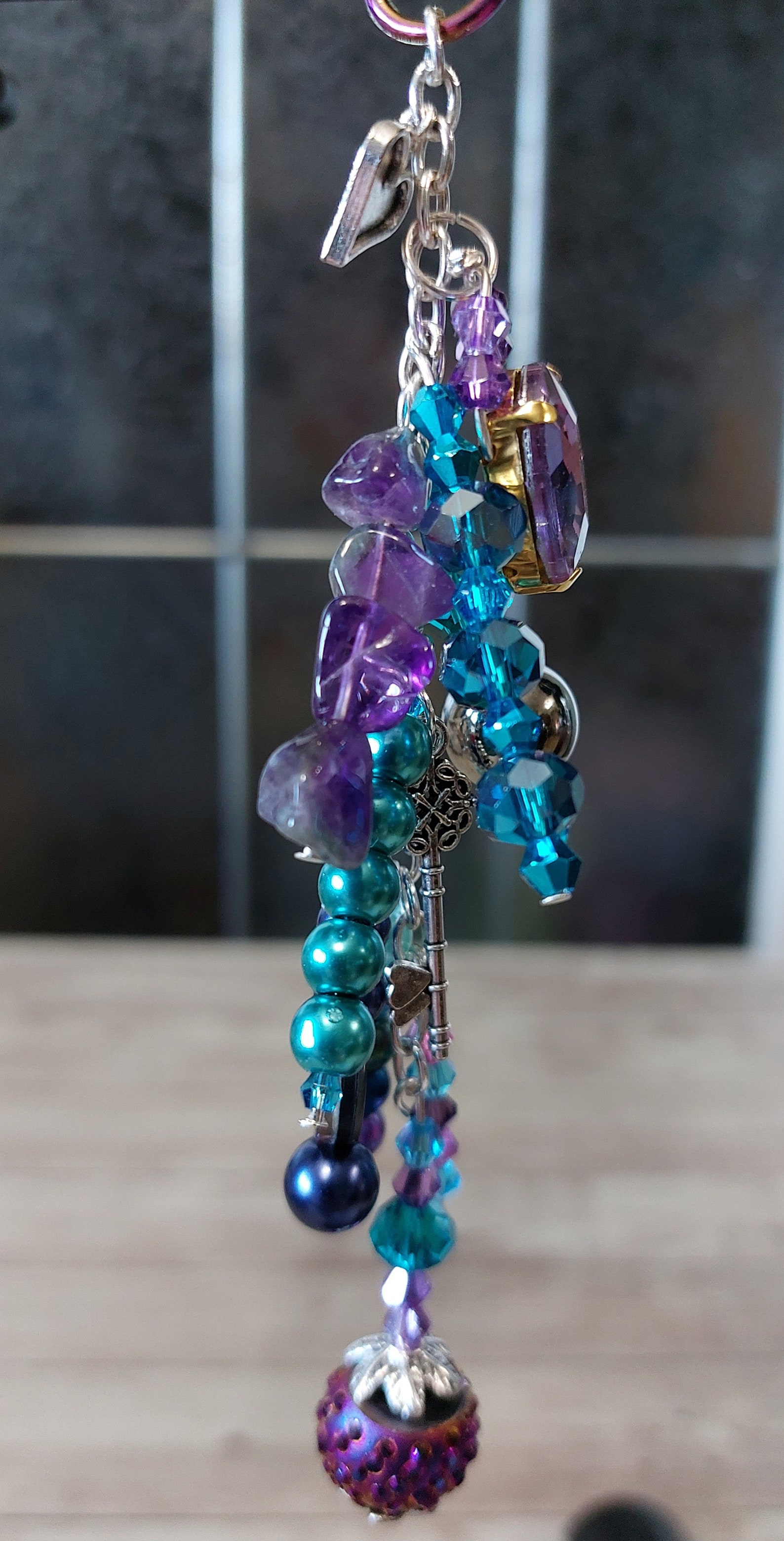 Blue and Purple Sparkling Beads Tassel Silver Chains Rainbow Claw Clasp ...