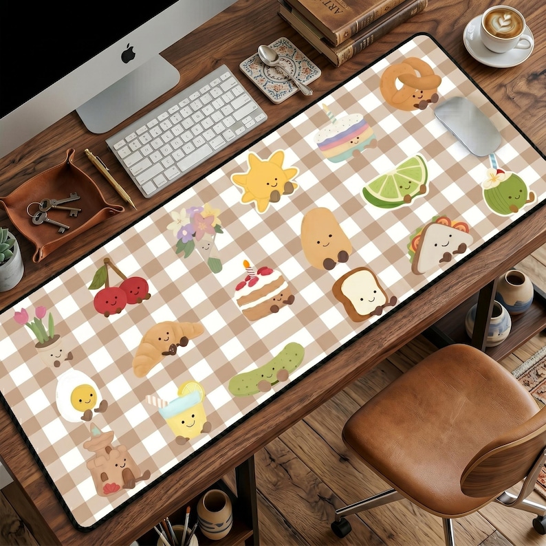 Kawaii Food Desk Mat Cute Neutral Checkered Mouse Pad Aesthetic ...