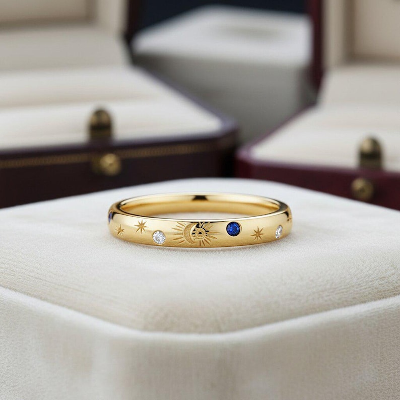 Delicate Sun and Moon Sapphire Wedding Band, Solid-gold Star Engraved ...