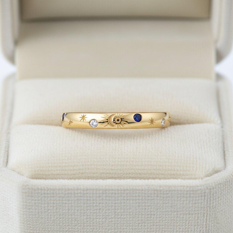 Delicate Sun and Moon Sapphire Wedding Band, Solid-gold Star Engraved ...