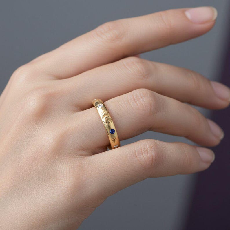 Delicate Sun and Moon Sapphire Wedding Band, Solid-gold Star Engraved ...