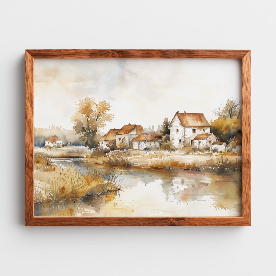 Cottagecore River Village Watercolor Art Print – Rustic Fall Decor ...