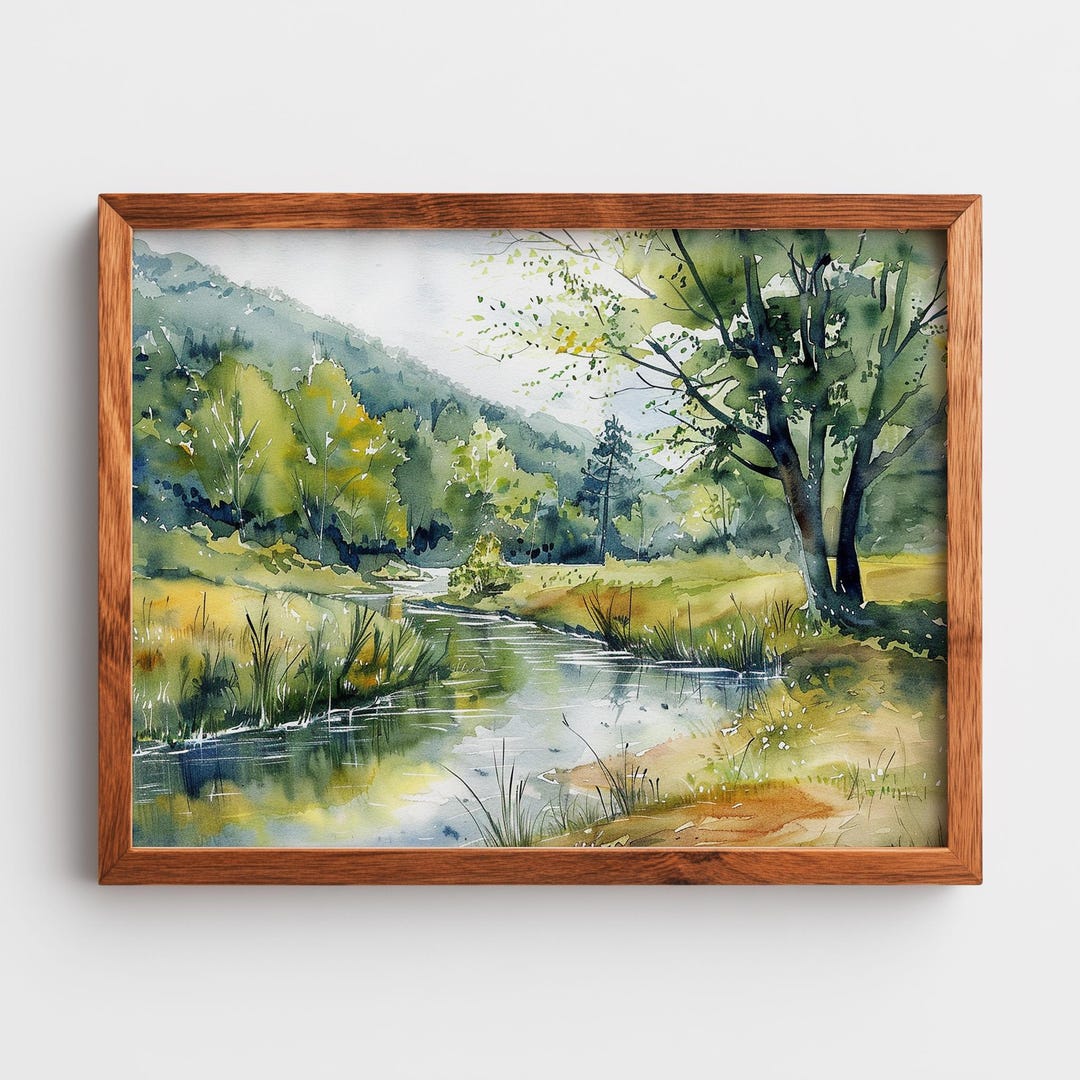 Cottagecore River Landscape Print – Tranquil Watercolor Wall Art ...