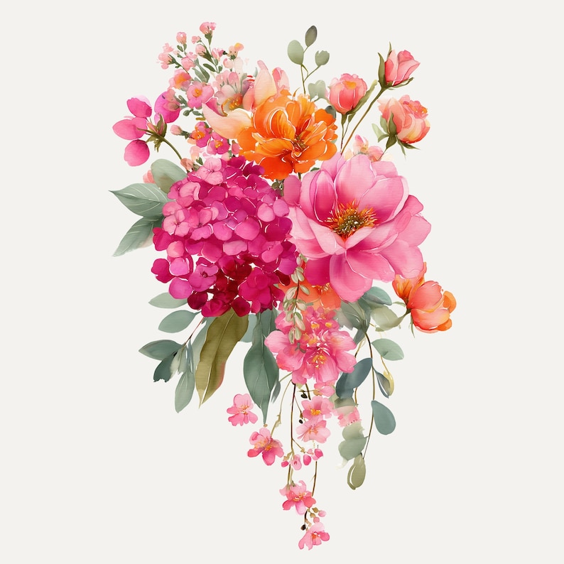 Watercolor Floral Clipart Pack, Hot Pink Orange Flowers, Bright Wedding ...