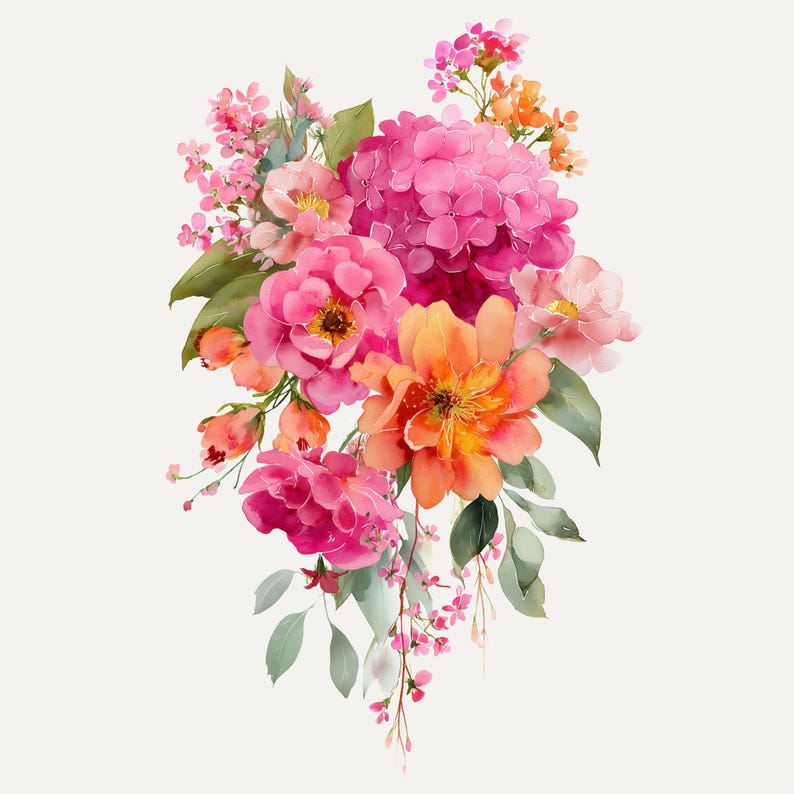 Watercolor Floral Clipart Pack, Hot Pink Orange Flowers, Bright Wedding ...