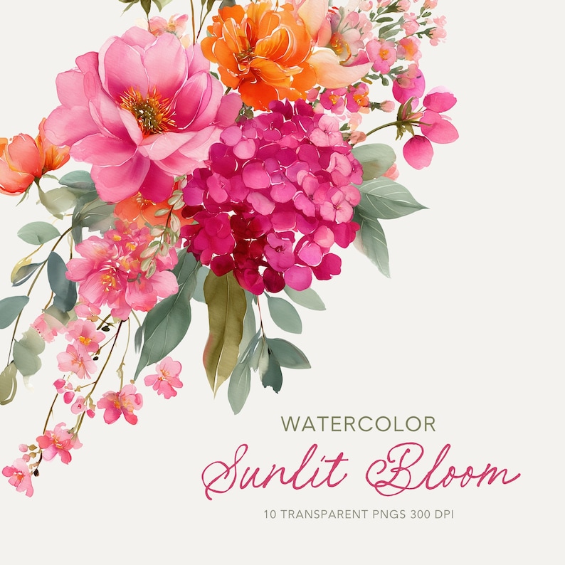 Watercolor Floral Clipart Pack, Hot Pink Orange Flowers, Bright Wedding ...