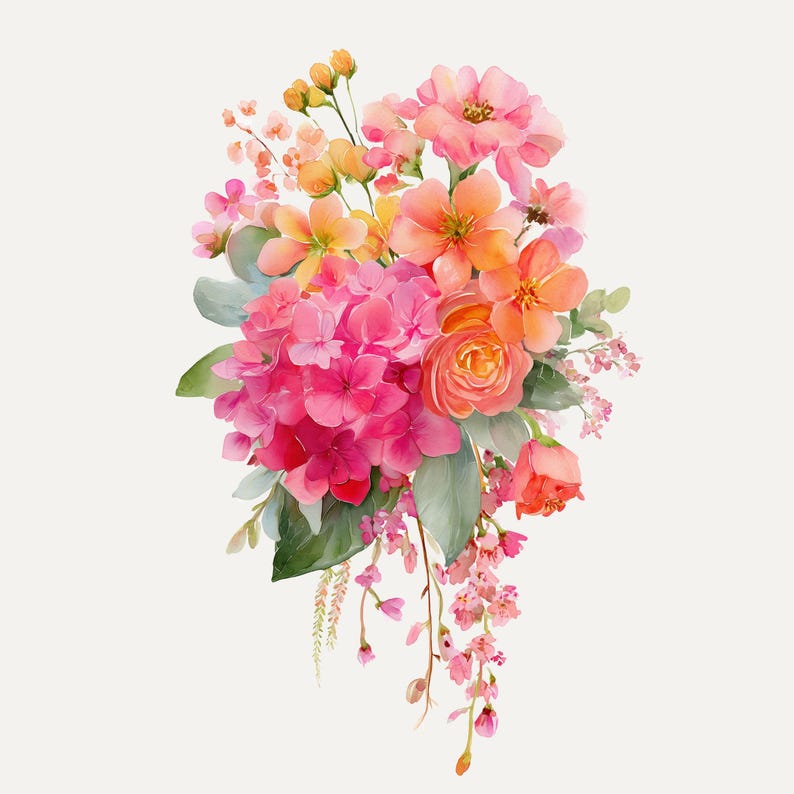 Watercolor Floral Clipart Pack, Hot Pink Orange Flowers, Bright Wedding ...