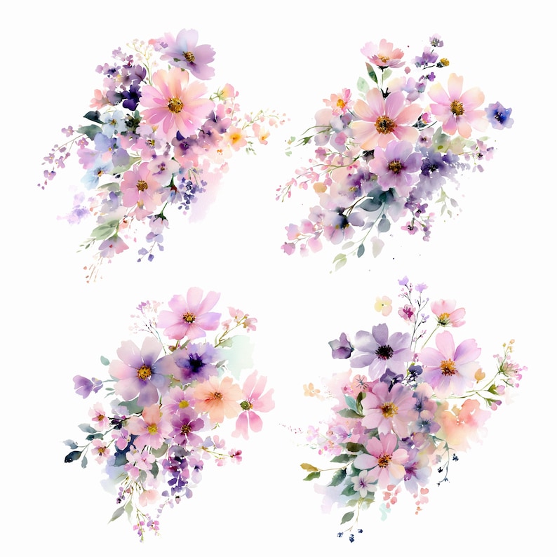 Pink Purple Watercolor Floral Clipart Set, Romantic Wedding Flowers - Etsy