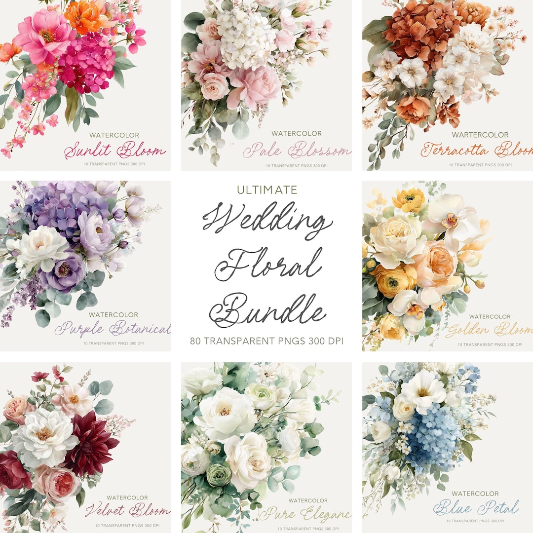 Wedding Floral Clipart Bundle, Watercolor Flowers, 8 Color Palettes ...