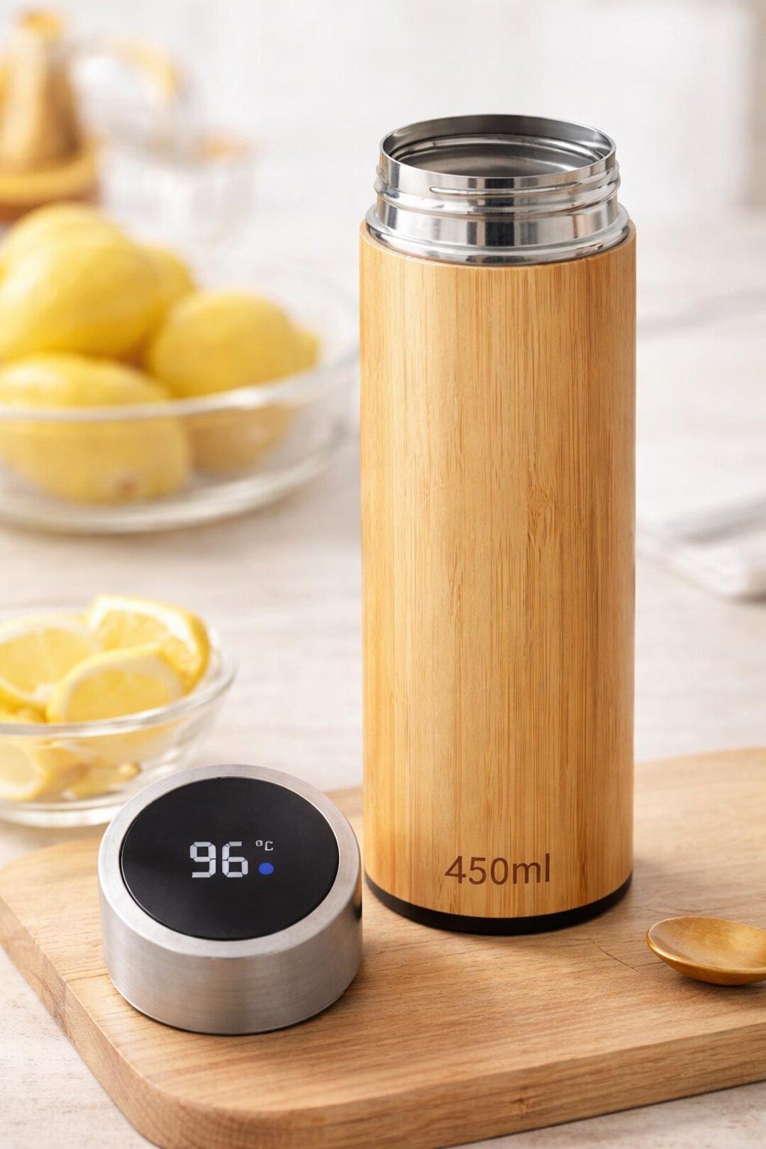 Bamboo Smart Thermos | Stainless Steel Insulated Water Bottle (450ml ...