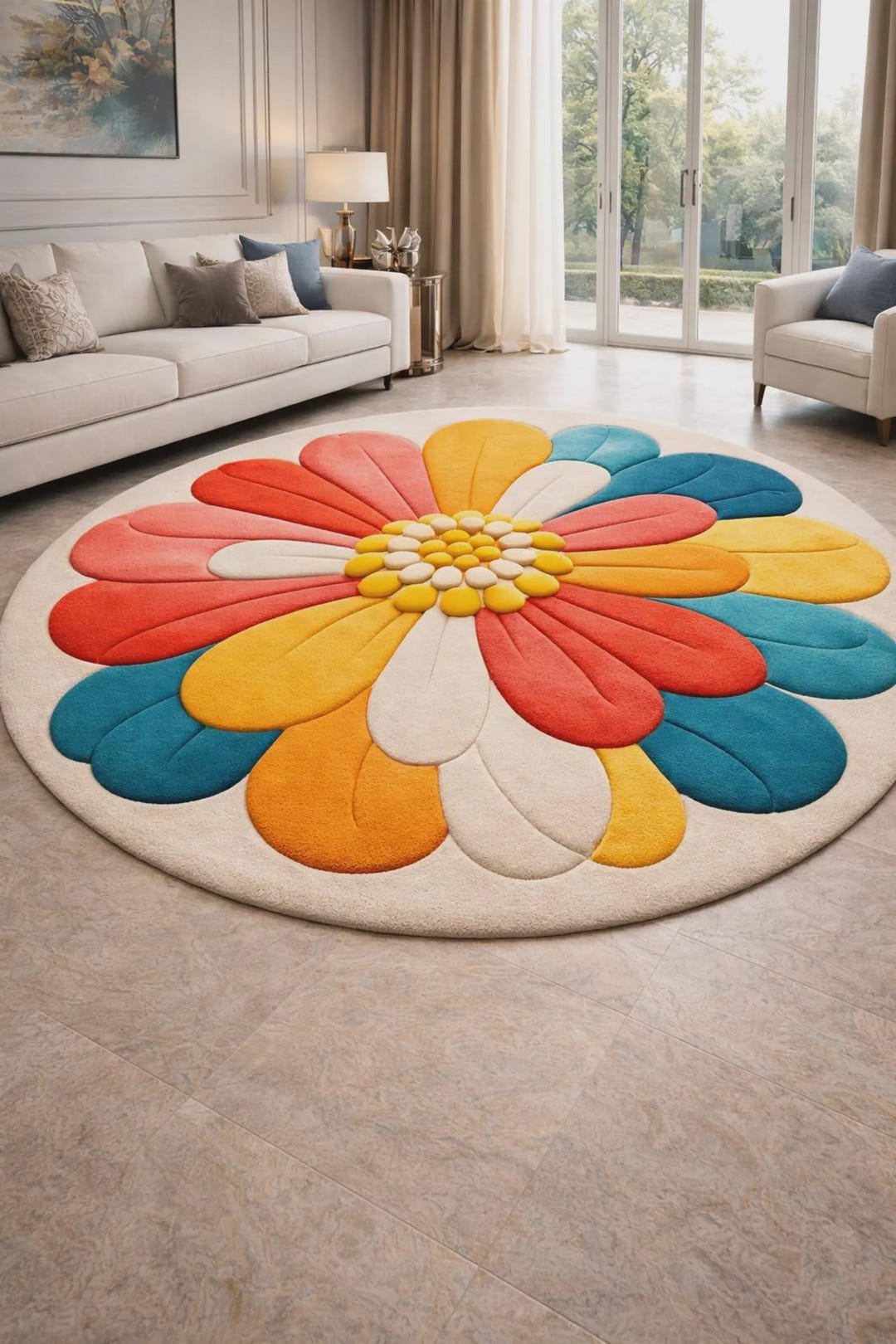 Colorful Flower Round Rug, Modern Floral Area Rug, Living Room ...