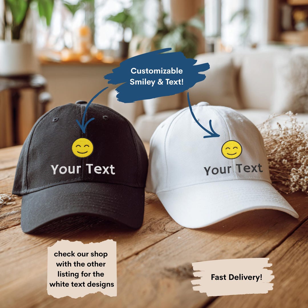 Customised White Text Cap Personalized Hat Embroidered Smiley Baseball ...
