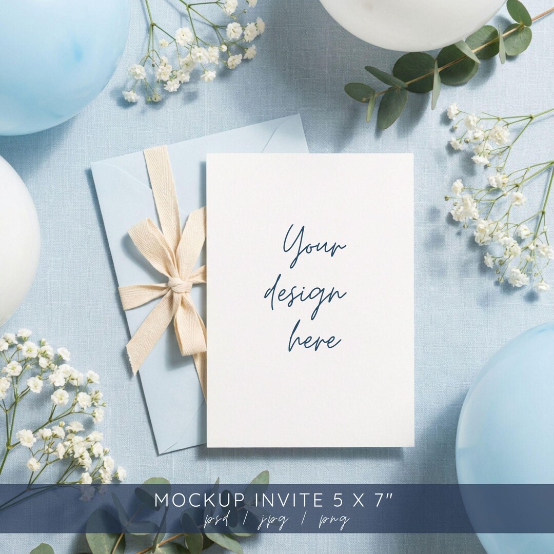 Birthday Invitation Mockup, Blue Kids Invite Mockup, 5x7 Card Mockup ...