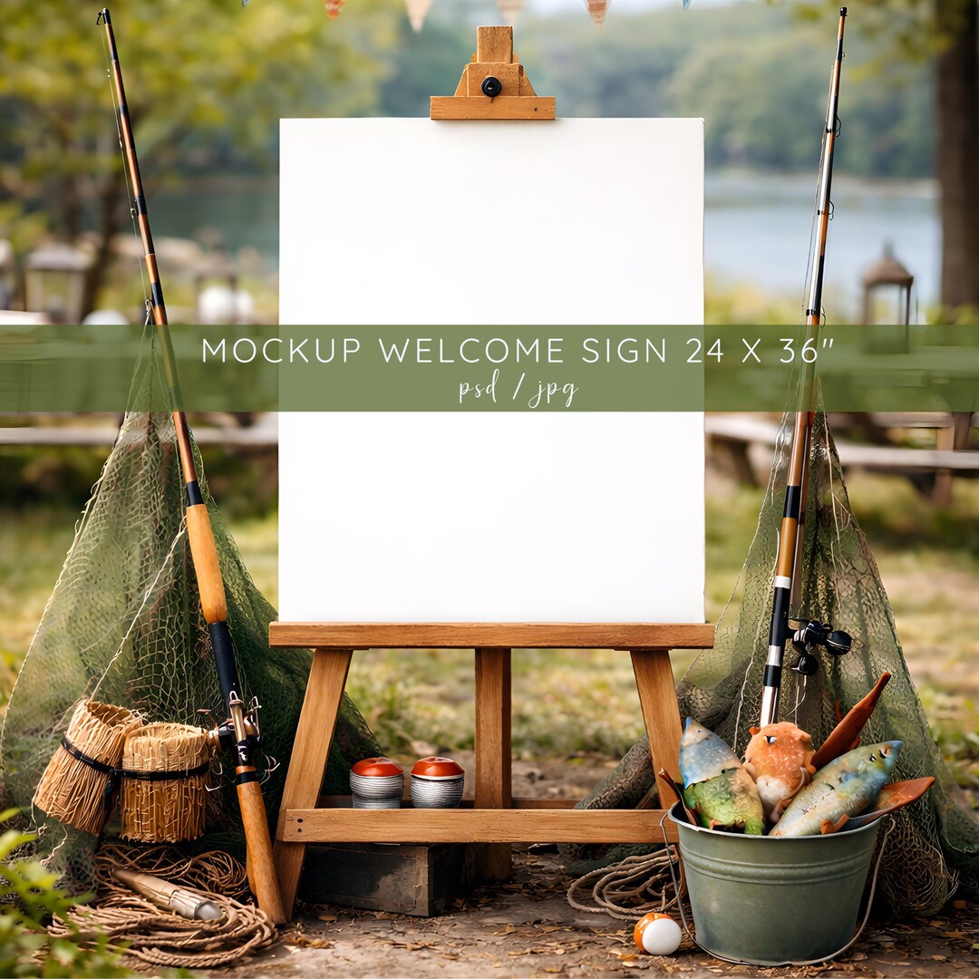 Fishing Birthday Welcome Sign Mockup, Lake Theme 24x36 PSD JPG Digital ...