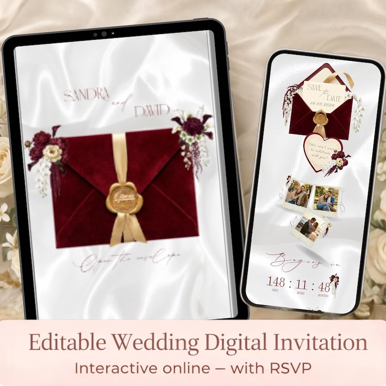 Burgundy Wedding Invitation Website Template, Old Money Elegant Wedding ...