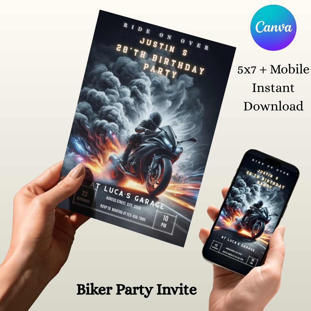 Motorcycle Birthday Invitation, Biker Party Theme, Biker Enthusiasts ...