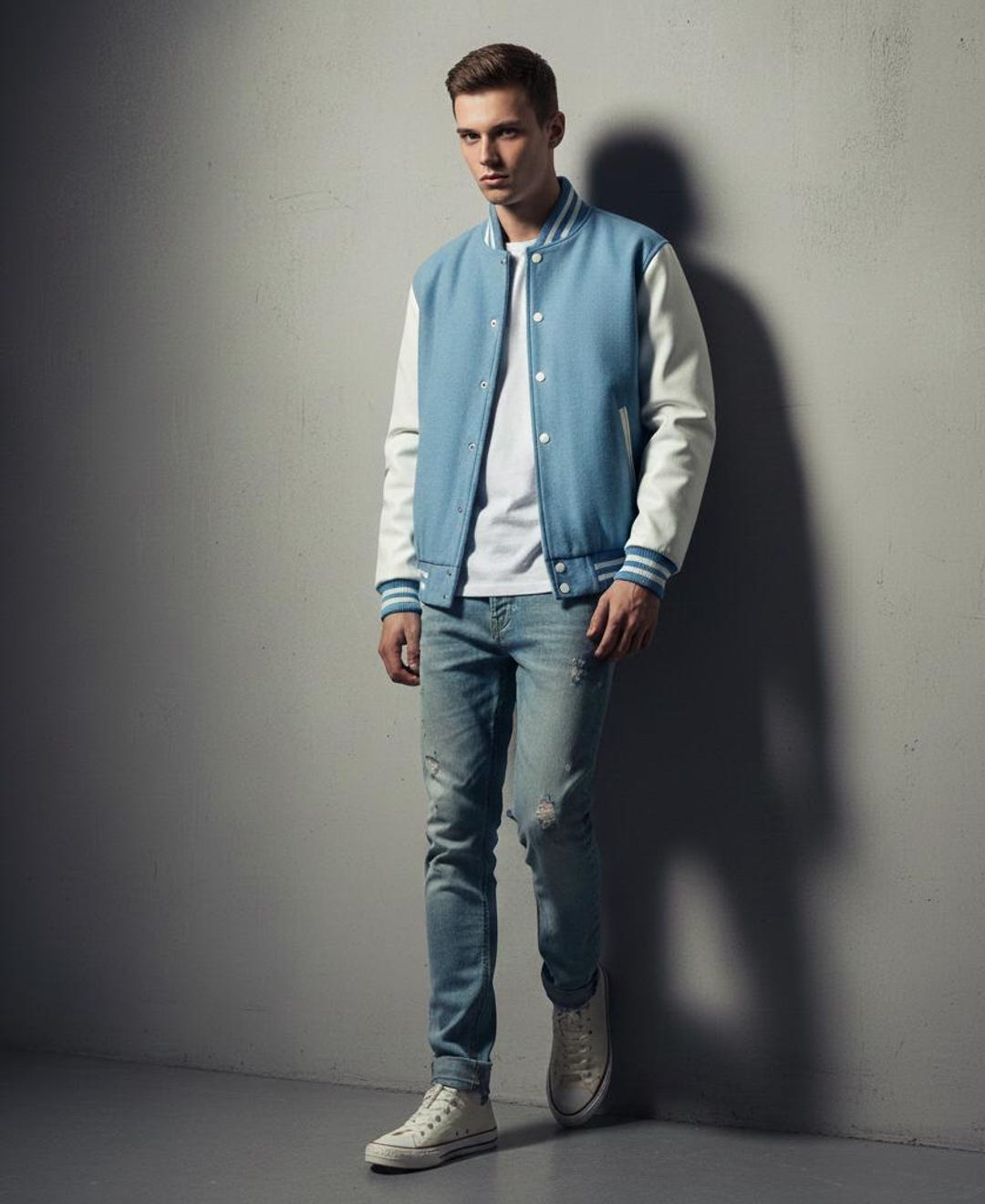 Sky Blue Varsity Jacket for Men, Retro 90s Streetwear Outwear | Light ...