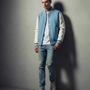 Sky Blue Varsity Jacket for Men, Retro 90s Streetwear Outwear | Light ...