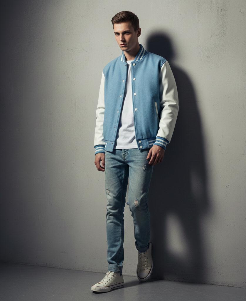 Sky Blue Varsity Jacket for Men, Retro 90s Streetwear Outwear | Light ...