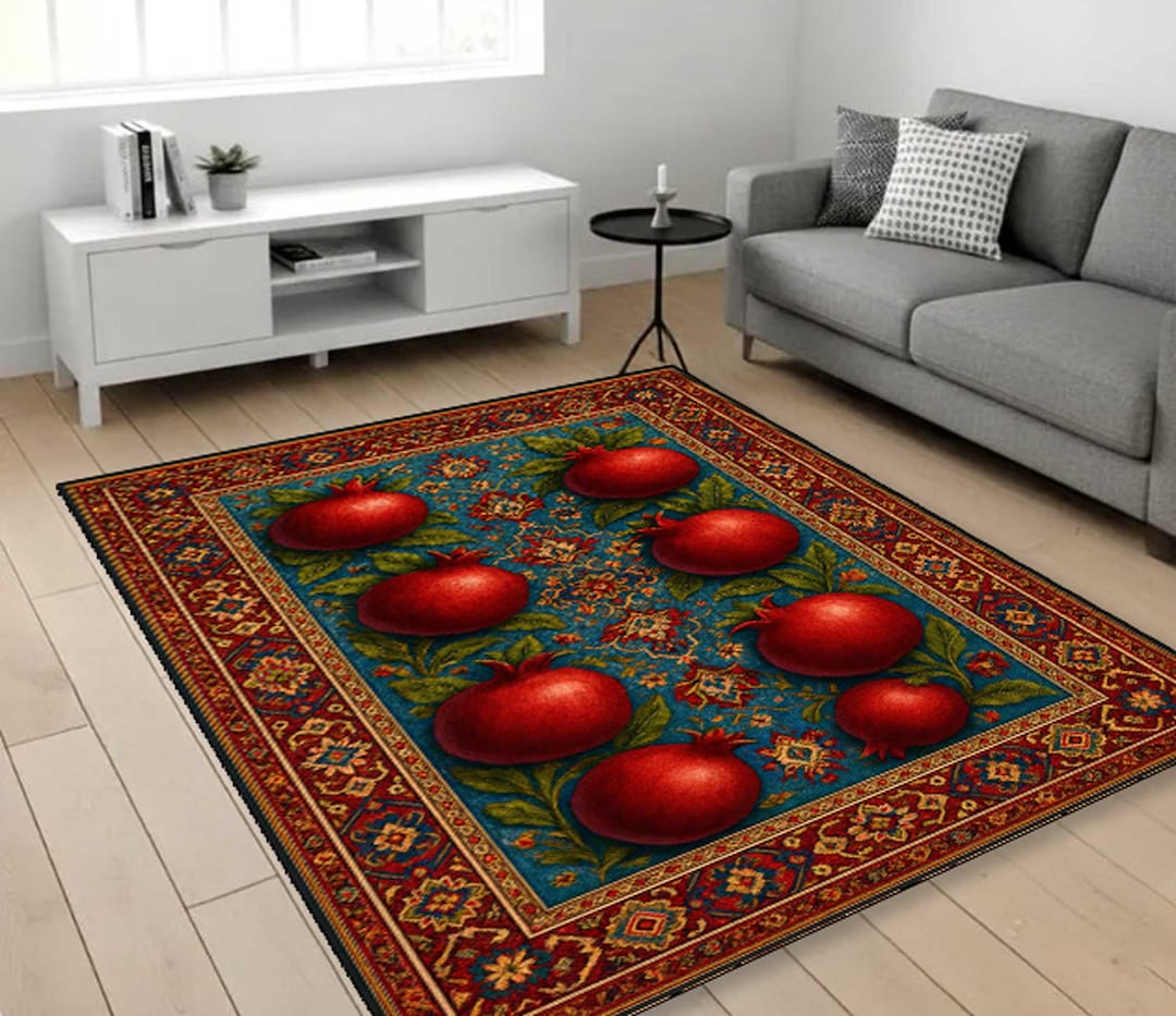Pomegranate Pattern Rug, Oriental Fruit Pattern Area Rug, Decorative ...