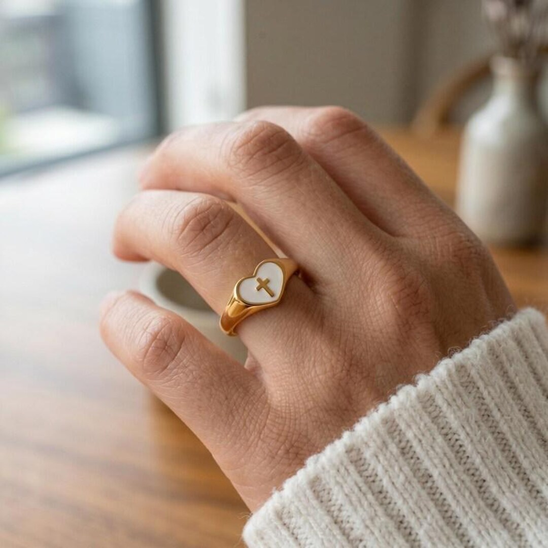 Dainty Heart Cross Ring, Chunky White Enamel Signet Ring, Minimal Gold ...