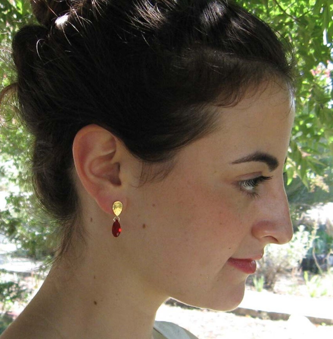 14k Solid Gold Teardrop Studs , Gold Crystal Drops Dangle Post Earrings ...