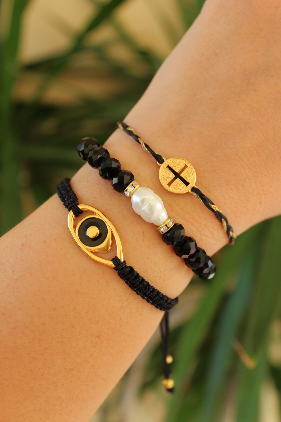Black Evil Eye Bracelet, Stackable Greek Konstandinato Bracelet, Made ...