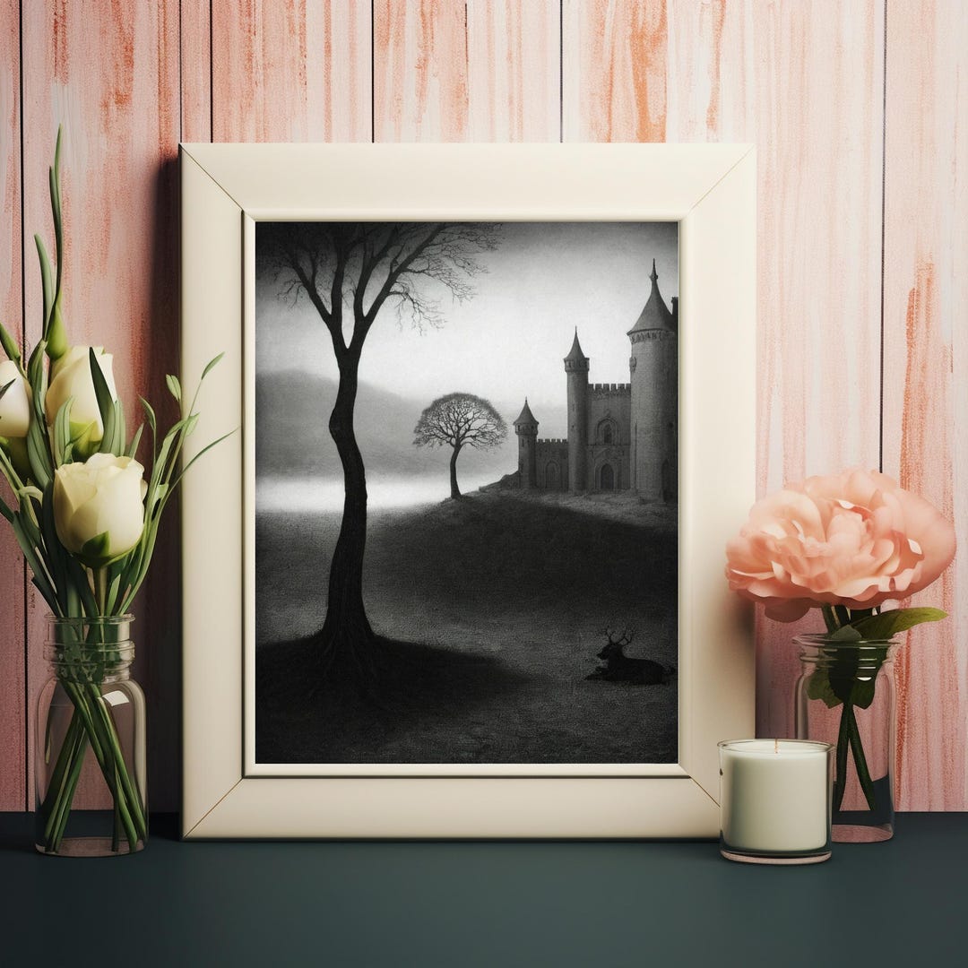 Ethereal Castle Landscape in Monochrome - Mystical Printable Wall Art ...