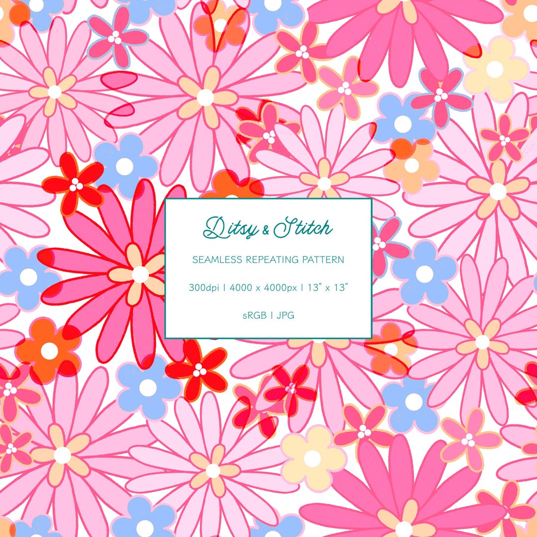 Retro Daisies Repeating Pattern – Pink & Blue Floral, Seamless Digital ...