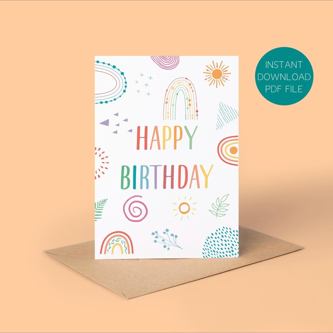 Printable Rainbow Doodles Birthday Card – Boho Colourful Greeting Card ...