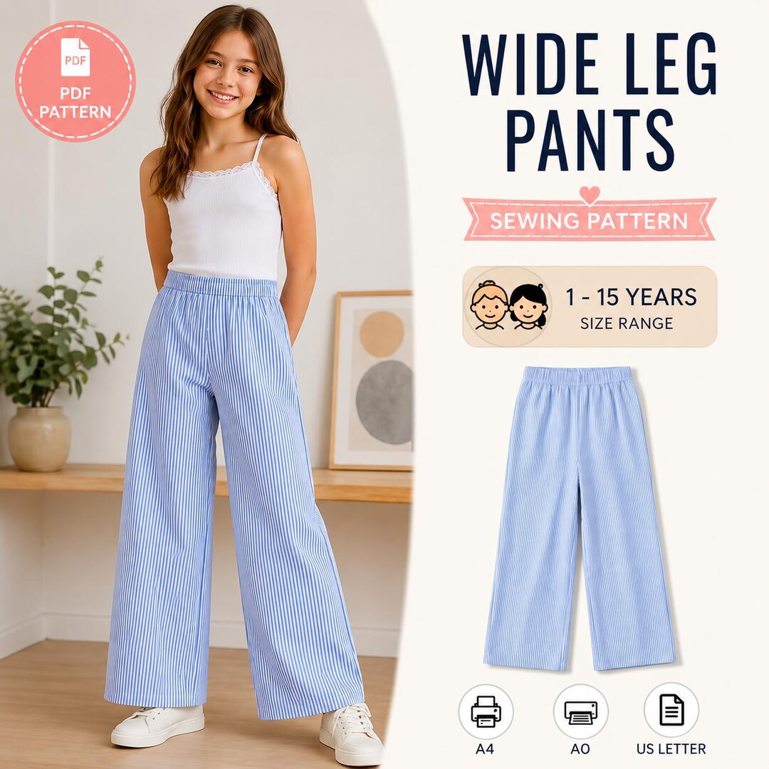 Girls Wide Leg Pants Sewing Pattern PDF | Kids Elastic Waist Trousers ...