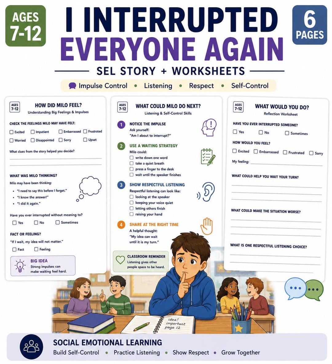 Interrupting Social Story + Worksheets, Impulse Control Social ...