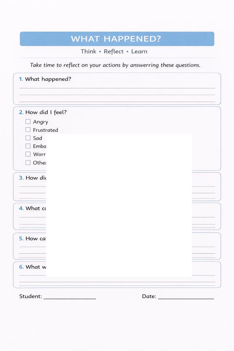 What Happened Reflection Worksheet | Behavior Think Sheet | SEL ...