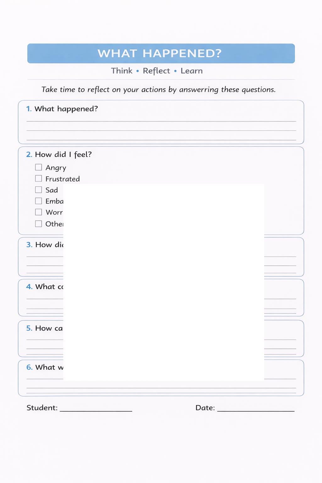What Happened Reflection Worksheet | Behavior Think Sheet | SEL ...