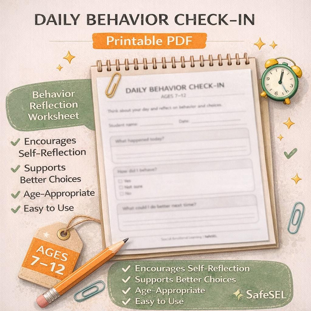 Daily Behavior Check-in Worksheet for Kids Ages 7-12 (SEL Printable PDF ...