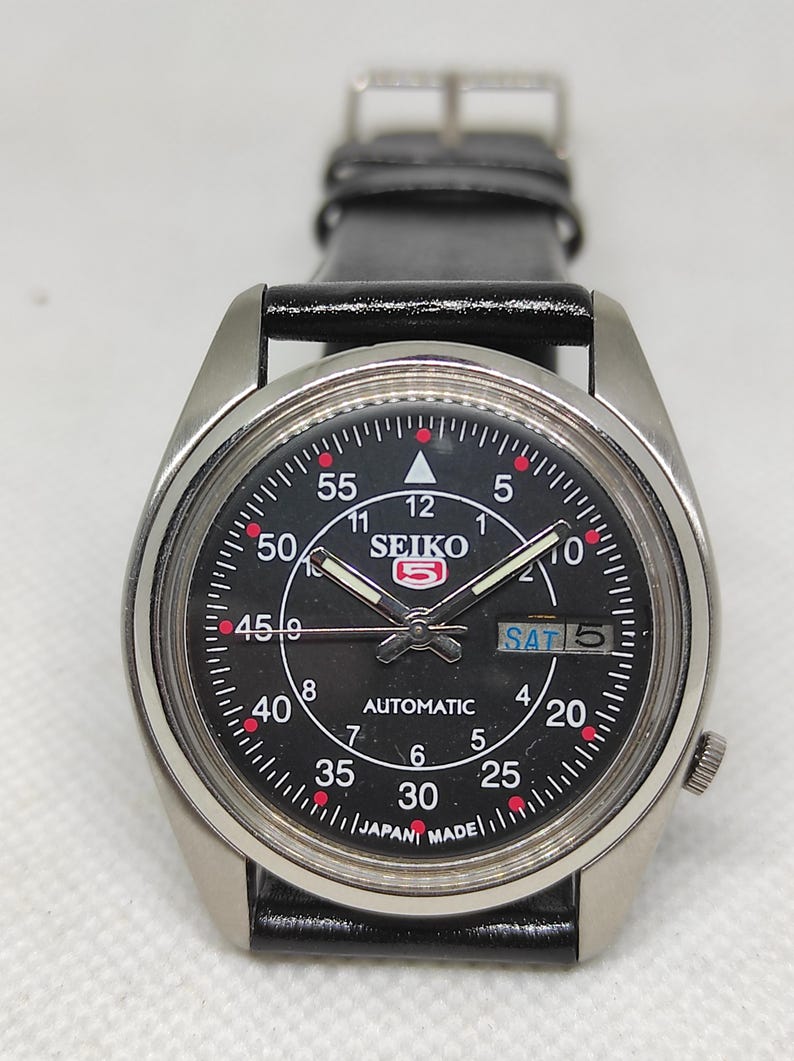 Seiko 5 Automatic Men’s Watch, Black Dial, Day-date, Leather Strap - Etsy