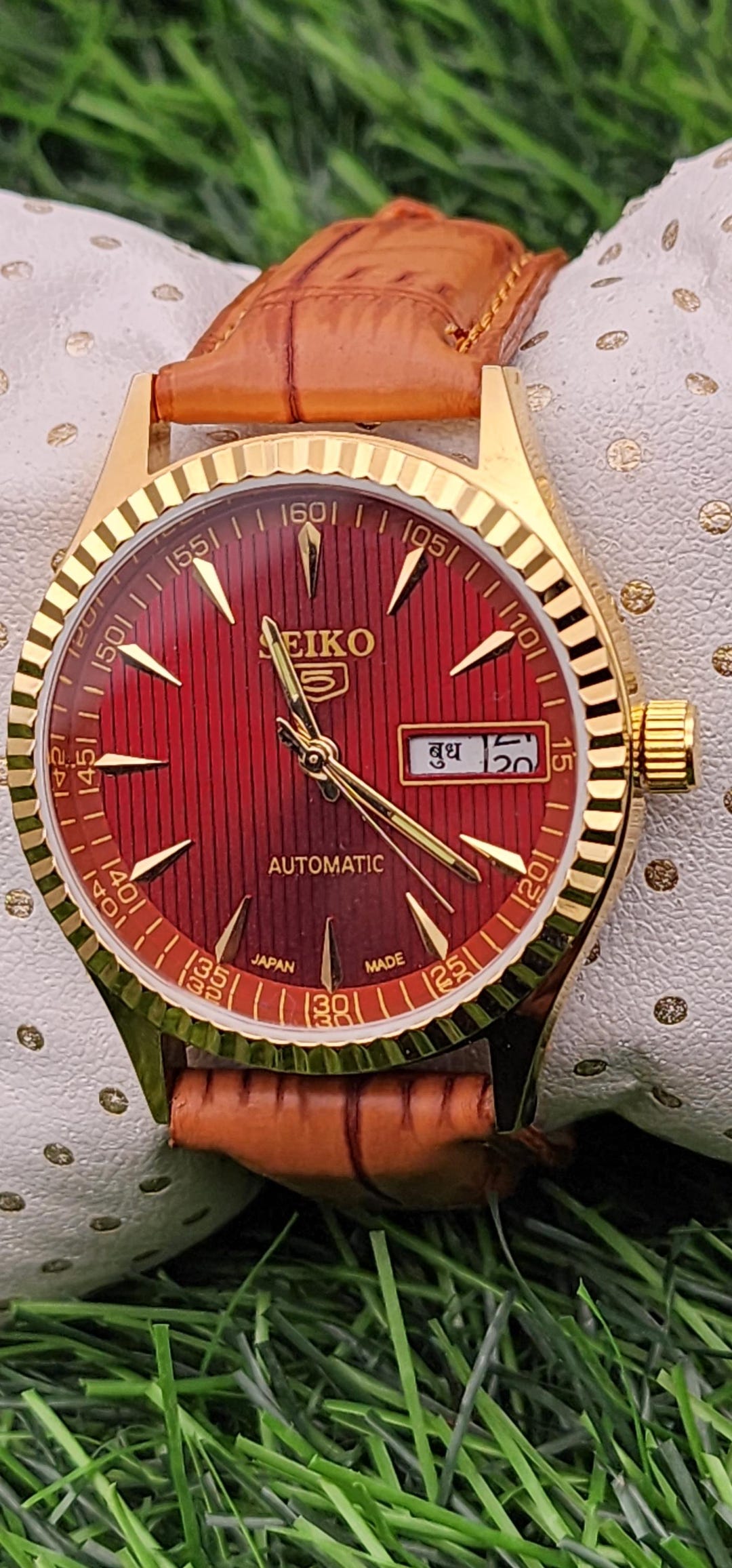 Seiko 5 Automatic Dress Watch, Red Dial, Gold Case, Brown Leather Strap ...