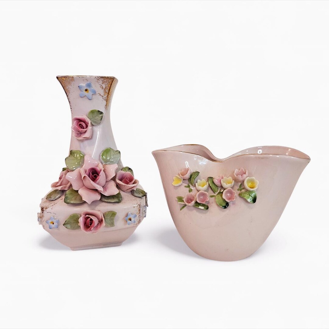 Lefton China Vintage Porcelain Vase Set With Capodimonte Style Roses - Etsy